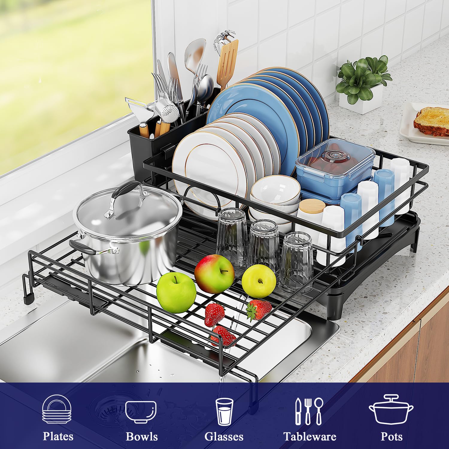 Large Dish Drying Rack,Extendable Dish Rack With Cutlery Holder, Anti-Rust Black Dish Racks For Kitchen Counter,Stainless Steel Dish Drainers For Kitchen Counter,Over The Sink Drying Rack Kitchen