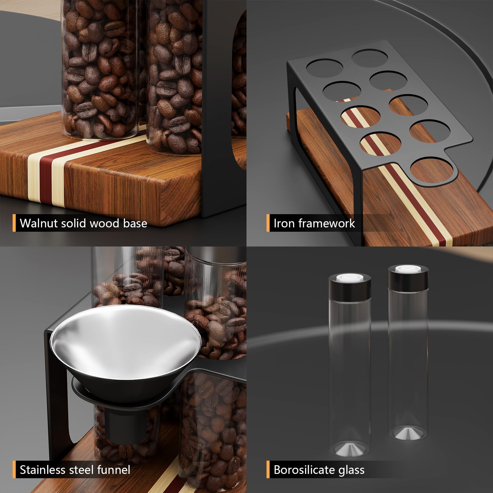 VZONE Coffee Bean Cellar Tubes Single Dose Glass Coffee Container with Hopper 8 Tubes with Exhaust Valve