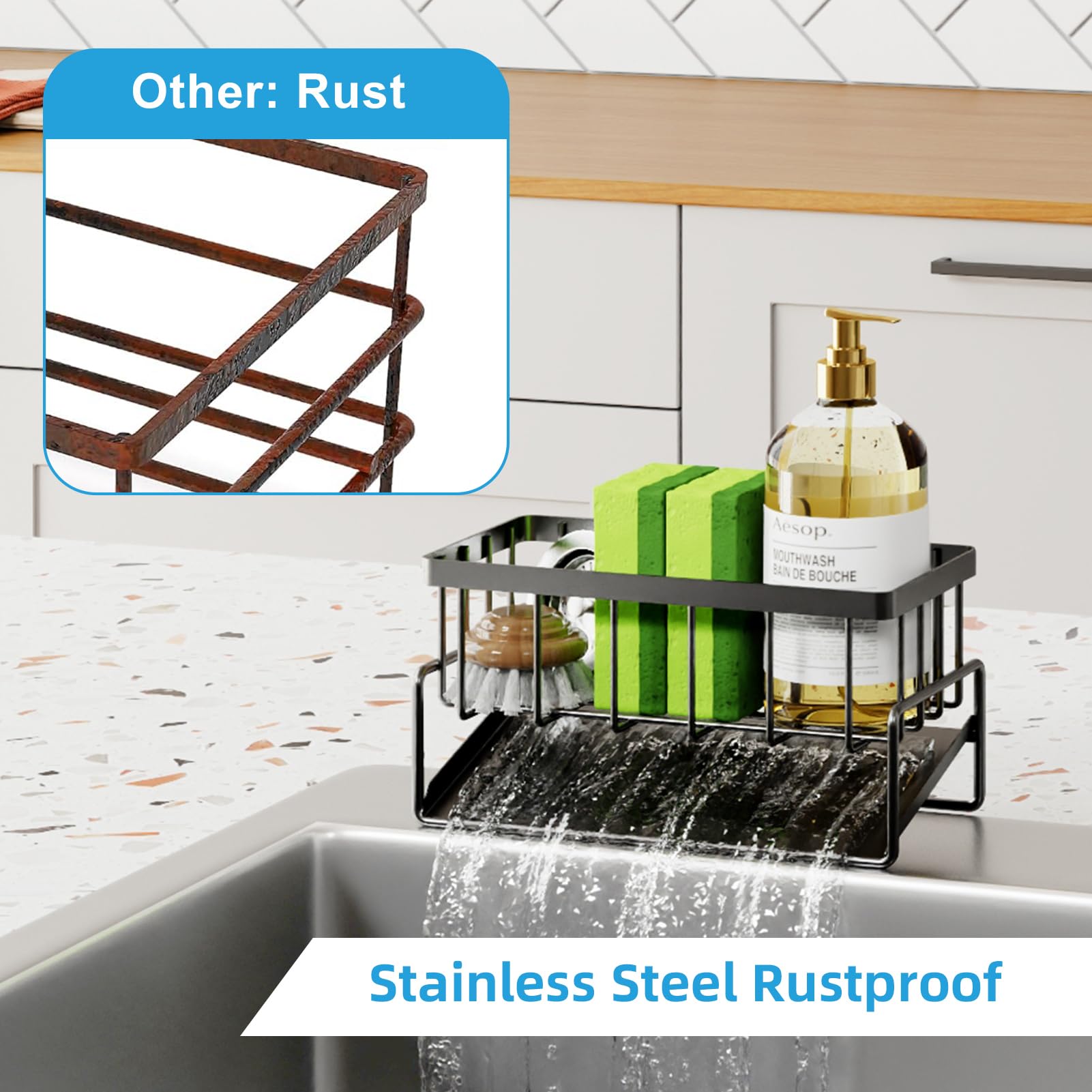 HAYOLPORS Sponge Holder for Kitchen Sink - Rustproof Sink Caddy for Countertop, Kitchen Sink Organizers and Storage Dish Soap Dispenser Home Gadgets Essentials Organization Accessories, Black