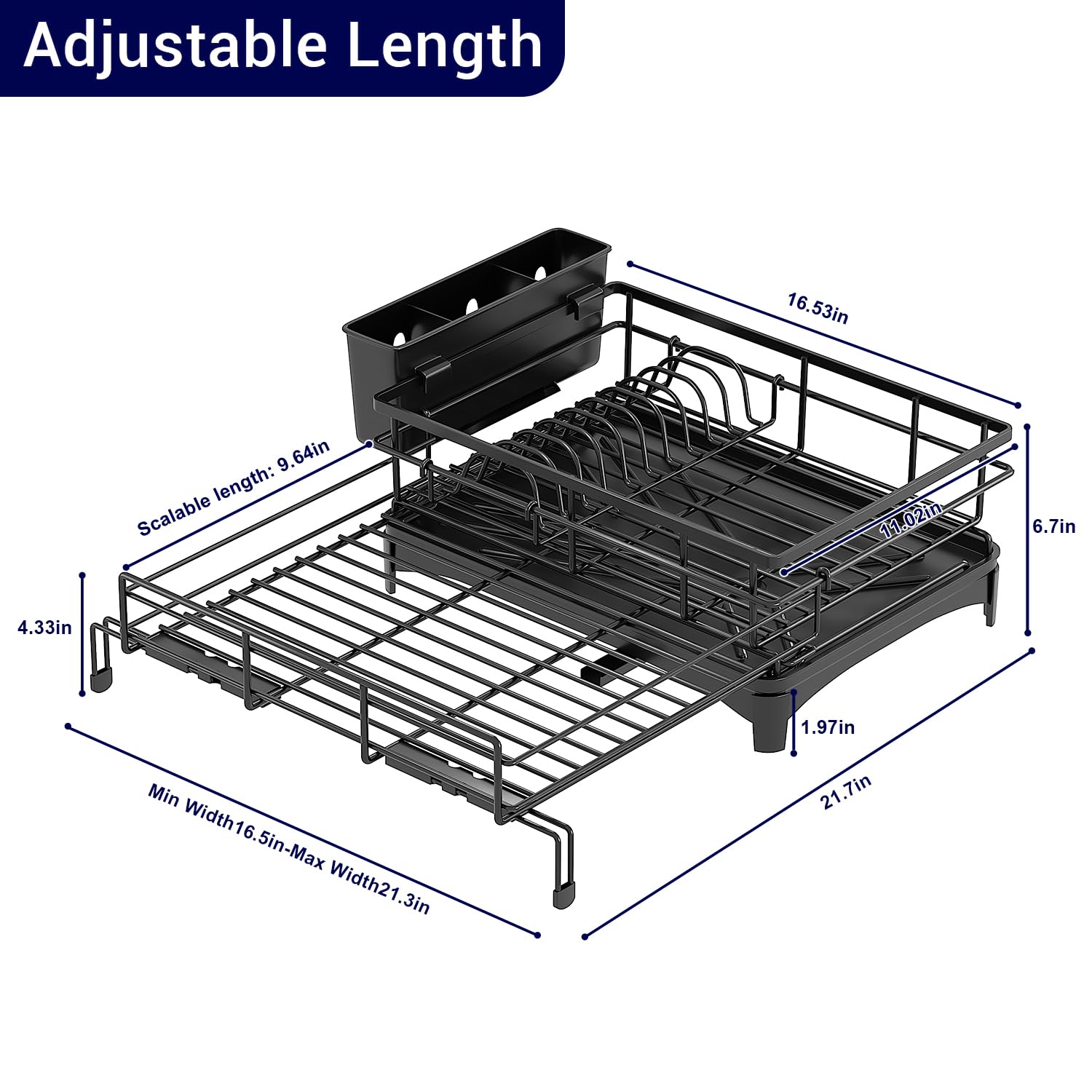 Large Dish Drying Rack,Extendable Dish Rack With Cutlery Holder, Anti-Rust Black Dish Racks For Kitchen Counter,Stainless Steel Dish Drainers For Kitchen Counter,Over The Sink Drying Rack Kitchen