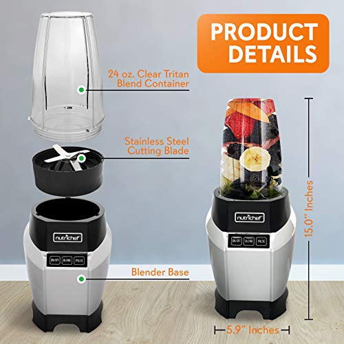 Nutrichef NCBL1000 Personal Electric Single Serve Small Professional Kitchen Countertop Mini Blender for Shakes and Smoothies w/Pulse Blend, Convenient Lid Co, 20 & 24 oz Cups, Black
