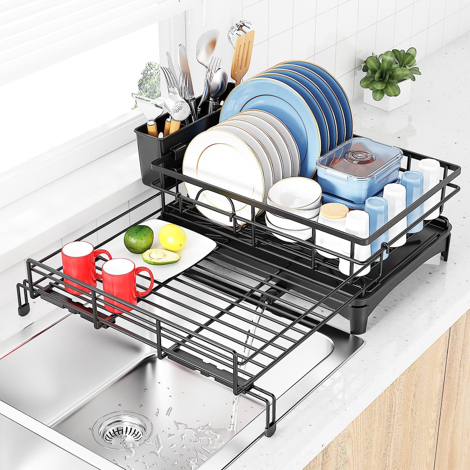 Large Dish Drying Rack,Extendable Dish Rack With Cutlery Holder, Anti-Rust Black Dish Racks For Kitchen Counter,Stainless Steel Dish Drainers For Kitchen Counter,Over The Sink Drying Rack Kitchen