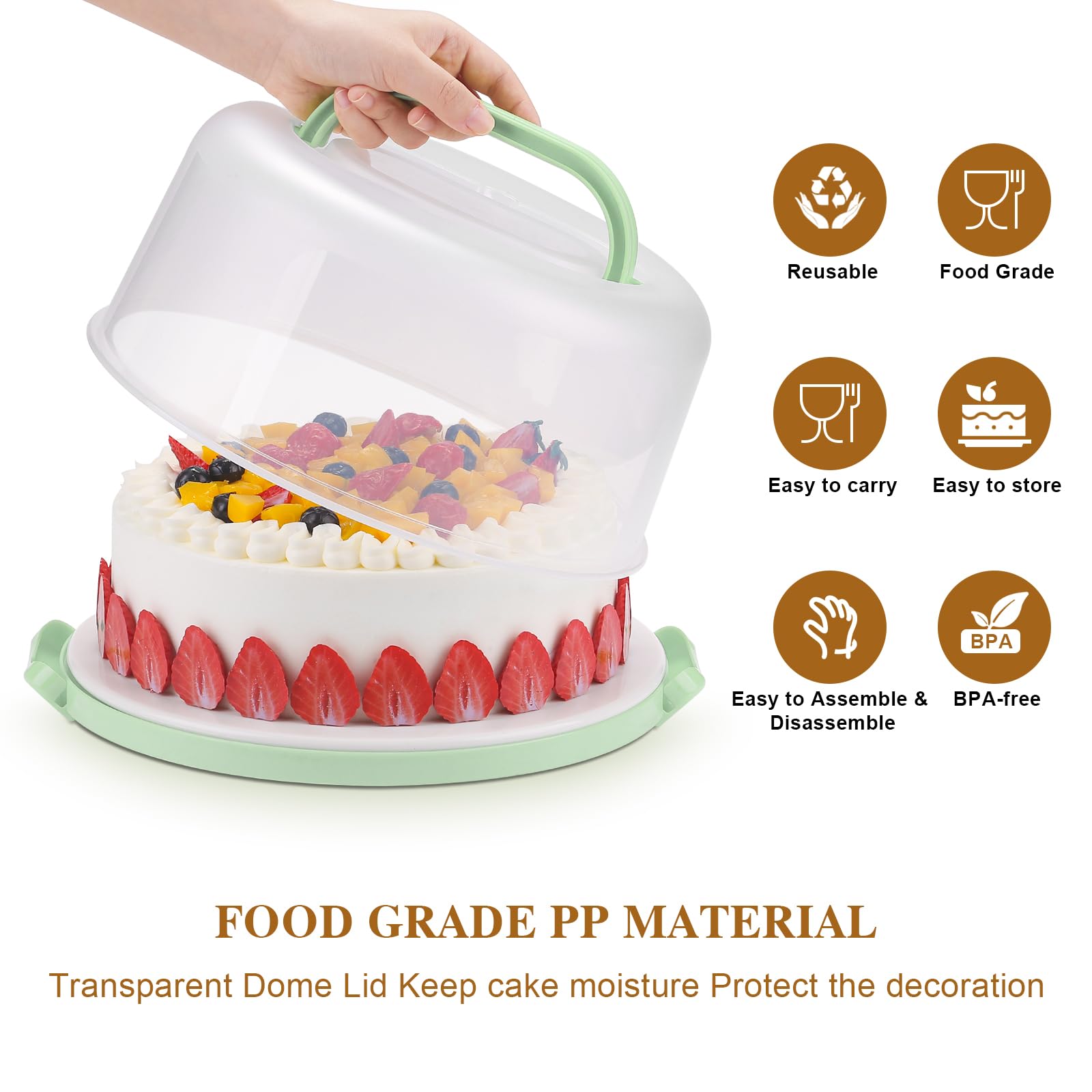 Cake Carrier with Lid and Handle, Cake Stand Cupcake Containers for 10 inch Cake with 2 Handles Cupcake Holder, 3 in 1 Transport Container Boxes for Cake Pie Muffin Pizza，Green Portable Cake Carriers