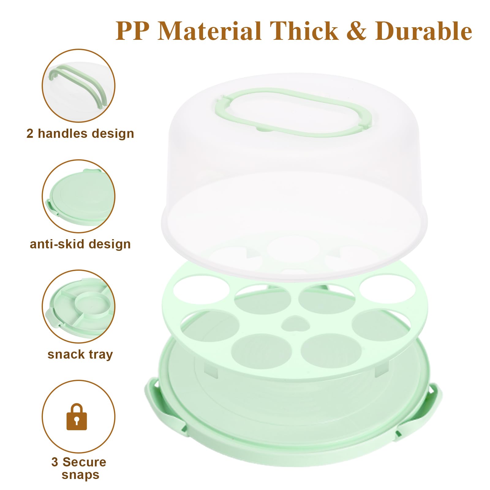 Cake Carrier with Lid and Handle, Cake Stand Cupcake Containers for 10 inch Cake with 2 Handles Cupcake Holder, 3 in 1 Transport Container Boxes for Cake Pie Muffin Pizza，Green Portable Cake Carriers