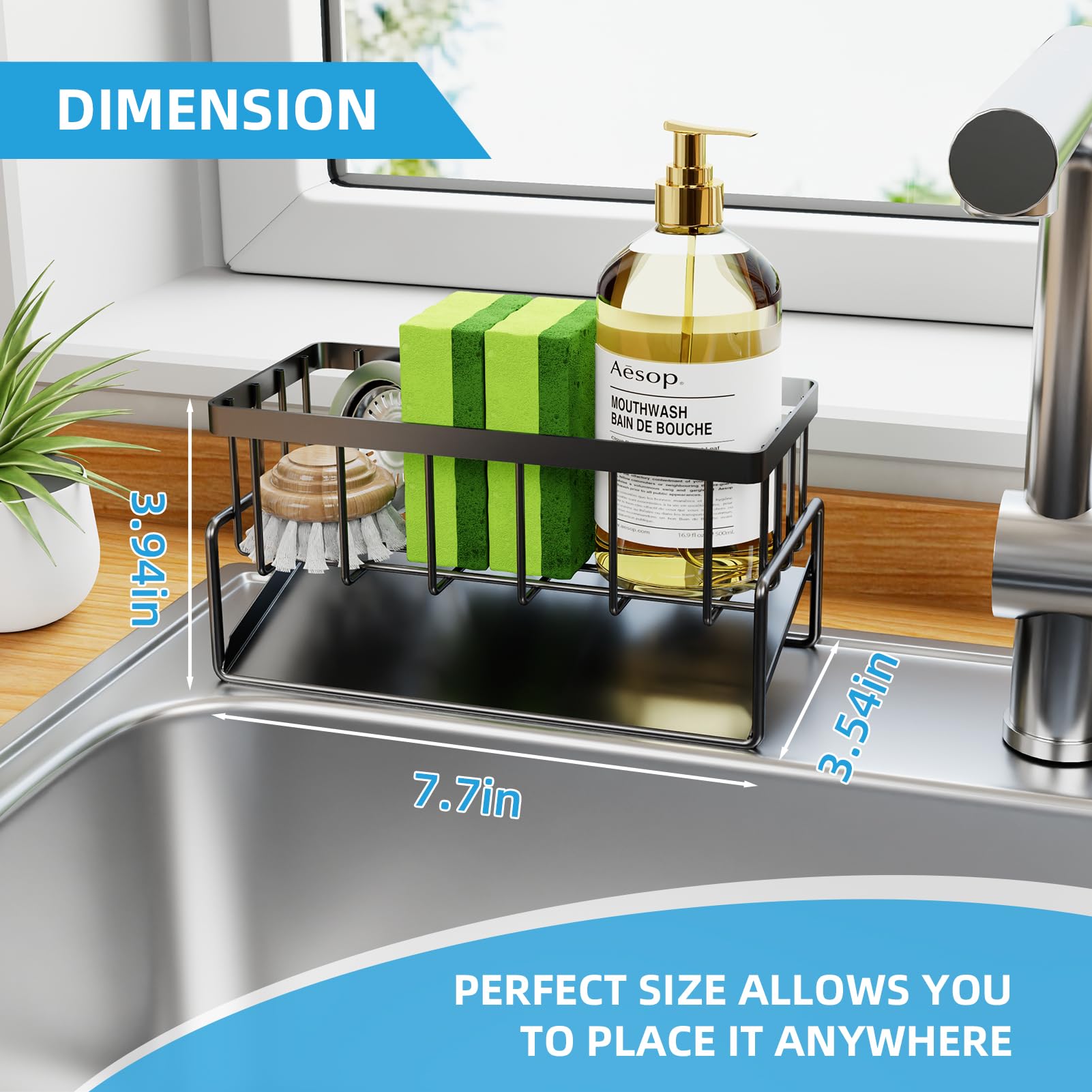 HAYOLPORS Sponge Holder for Kitchen Sink - Rustproof Sink Caddy for Countertop, Kitchen Sink Organizers and Storage Dish Soap Dispenser Home Gadgets Essentials Organization Accessories, Black