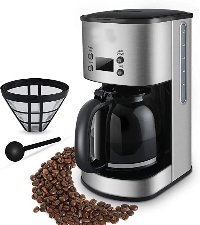 Drip Coffee Maker 12 Cup, Programmable Coffeemaker, Auto Shut-off Coffee Machine, 2 Hours Keep Warm Glass Coffee Pot, Grab-a-cup, LCD Display, Removable Filter,Stainless Steel, 1000W(Silver)