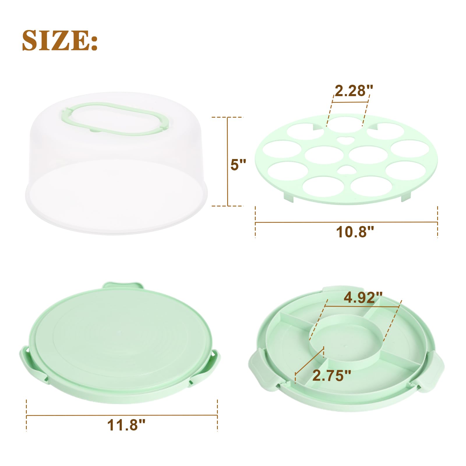 Cake Carrier with Lid and Handle, Cake Stand Cupcake Containers for 10 inch Cake with 2 Handles Cupcake Holder, 3 in 1 Transport Container Boxes for Cake Pie Muffin Pizza，Green Portable Cake Carriers