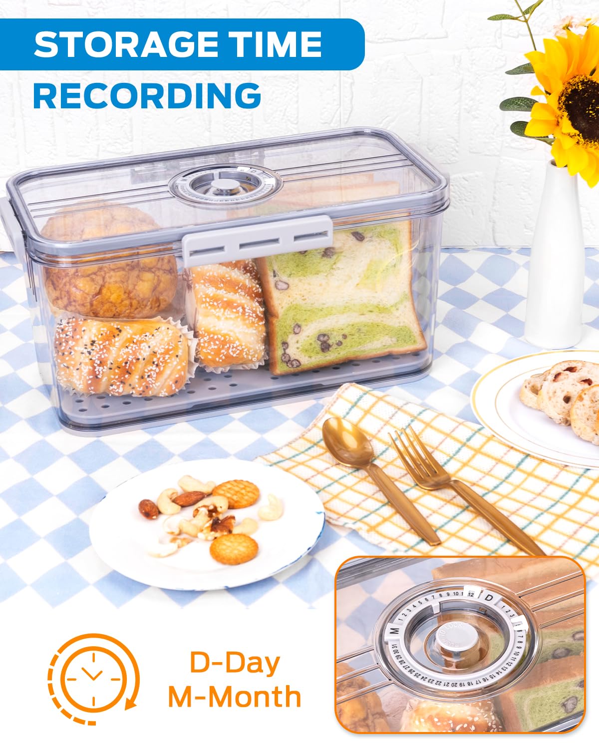 Dynta Bread Box 2 Pack Bread Container Airtight, Recording Time Bread Boxes for Kitchen Counter Organizers and Storage, Plastic Bread Storage with Lid for Homemade Bread, Toast, Loaf, Cookies