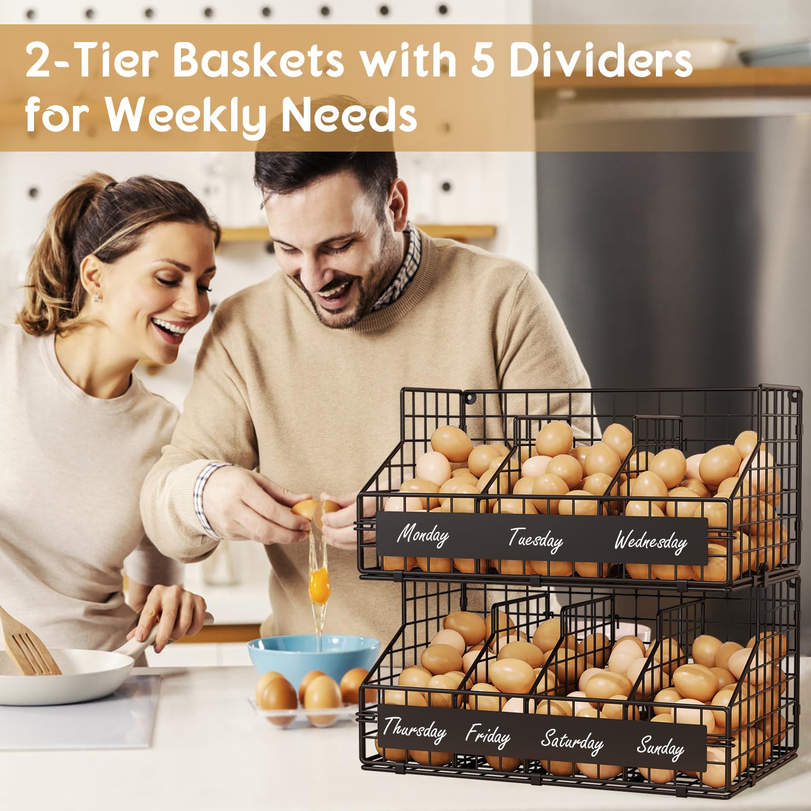 keomaisyto Fresh Egg Holder with 5 Dividers to Separate Eggs for a Week, 2 Tier Stackable Wire Baskets for Gathering Eggs, XXL Egg Rack for Countertop/Wall-Mounted, With DIY Labels (Patent Pending)