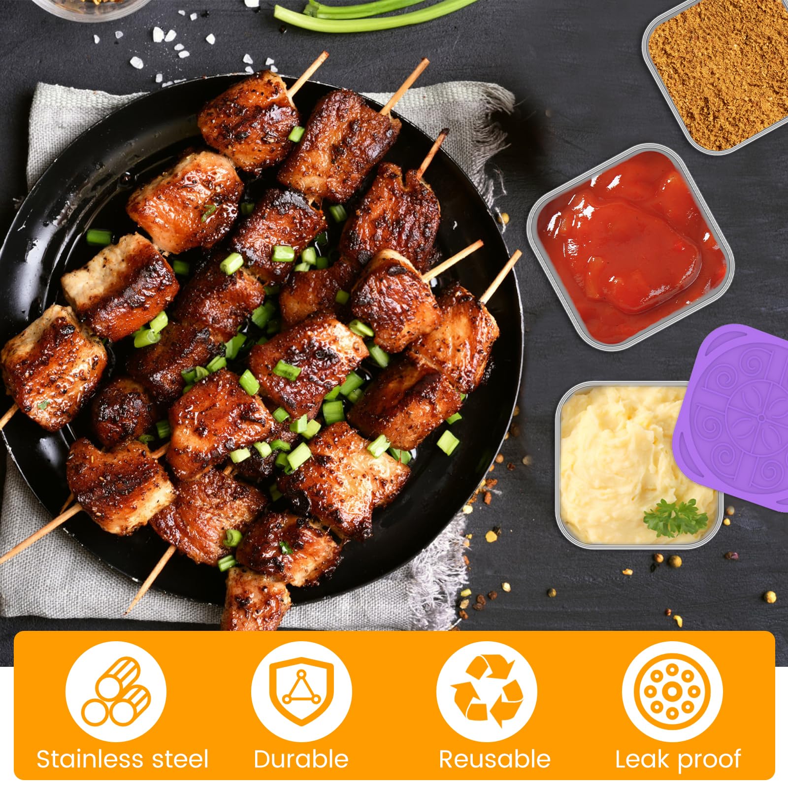 6 Pcs Stainless Steel Sauce Containers,2oz Metal Mini Snack Food Store Box Containers and Silicone Lids, Reusable Small Portable Boxes, Dishwasher Safe for Daycare School Office Travel, Leakproof