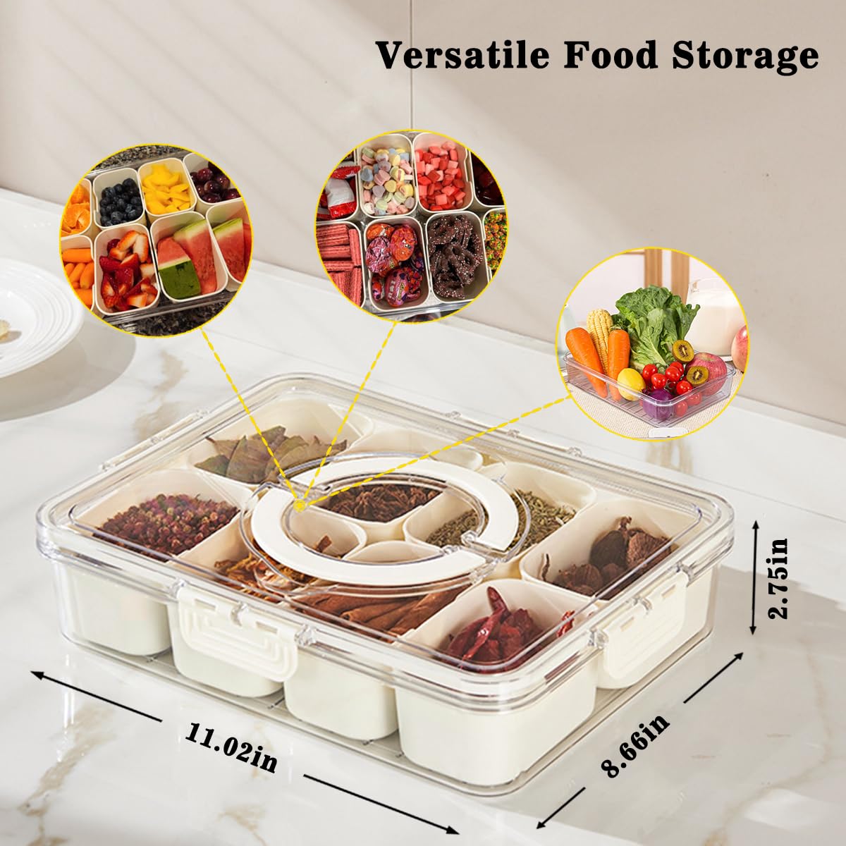 Luxital Divided Serving Tray with Lid and Handle - Portable Snackle Box Container - Snackle Box for Travel - Clear Organizer for Fruit, Veggie, Candy, Nuts - Perfect for Party, Picnic (2L)