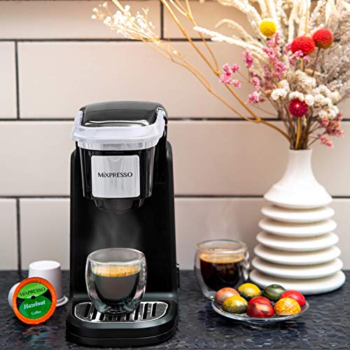 Mixpresso Single Cup Coffee Maker | Personal, Single Serve Coffee Brewer Machine, Compatible with Single-Cups | Quick Brew Technology, Programmable Features, One Touch Function (Black)