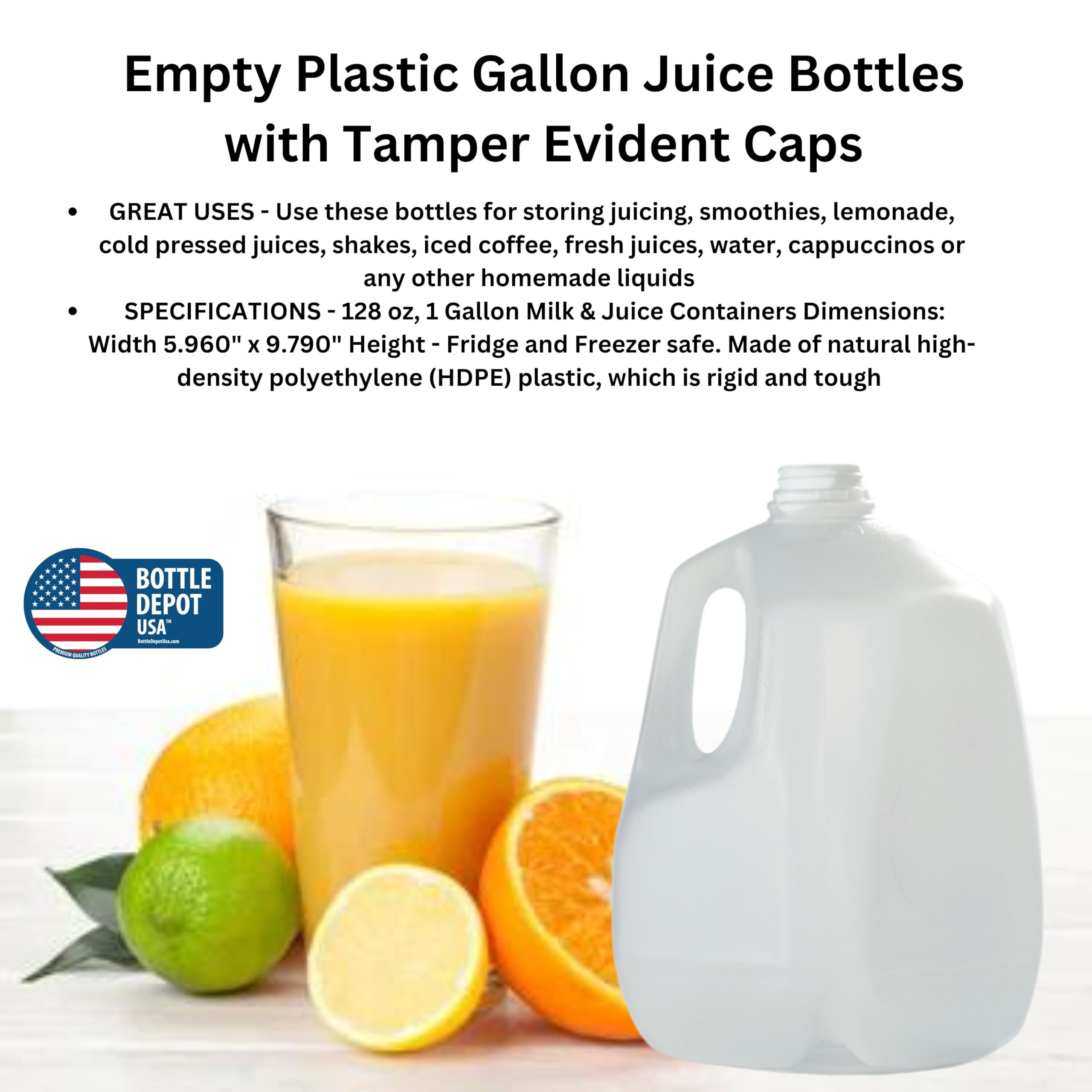 (8 PACK) 128 Oz Empty Plastic Gallon Juice Bottles with Tamper Evident WHITE Caps - Smoothie Bottles - Ideal for Juices, Milk, Smoothies, Picnic's and Even Meal Prep - Made in USA