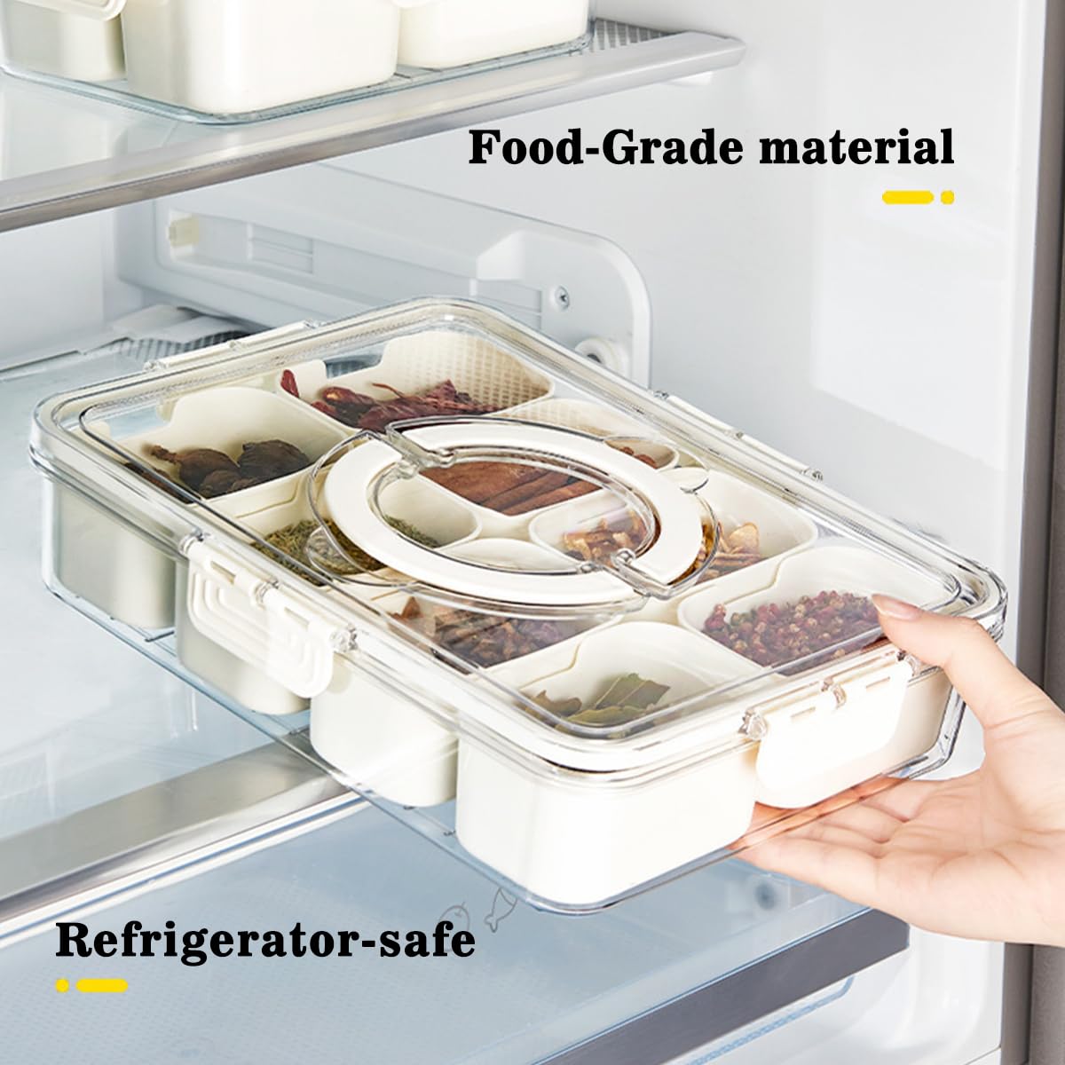 Luxital Divided Serving Tray with Lid and Handle - Portable Snackle Box Container - Snackle Box for Travel - Clear Organizer for Fruit, Veggie, Candy, Nuts - Perfect for Party, Picnic (2L)