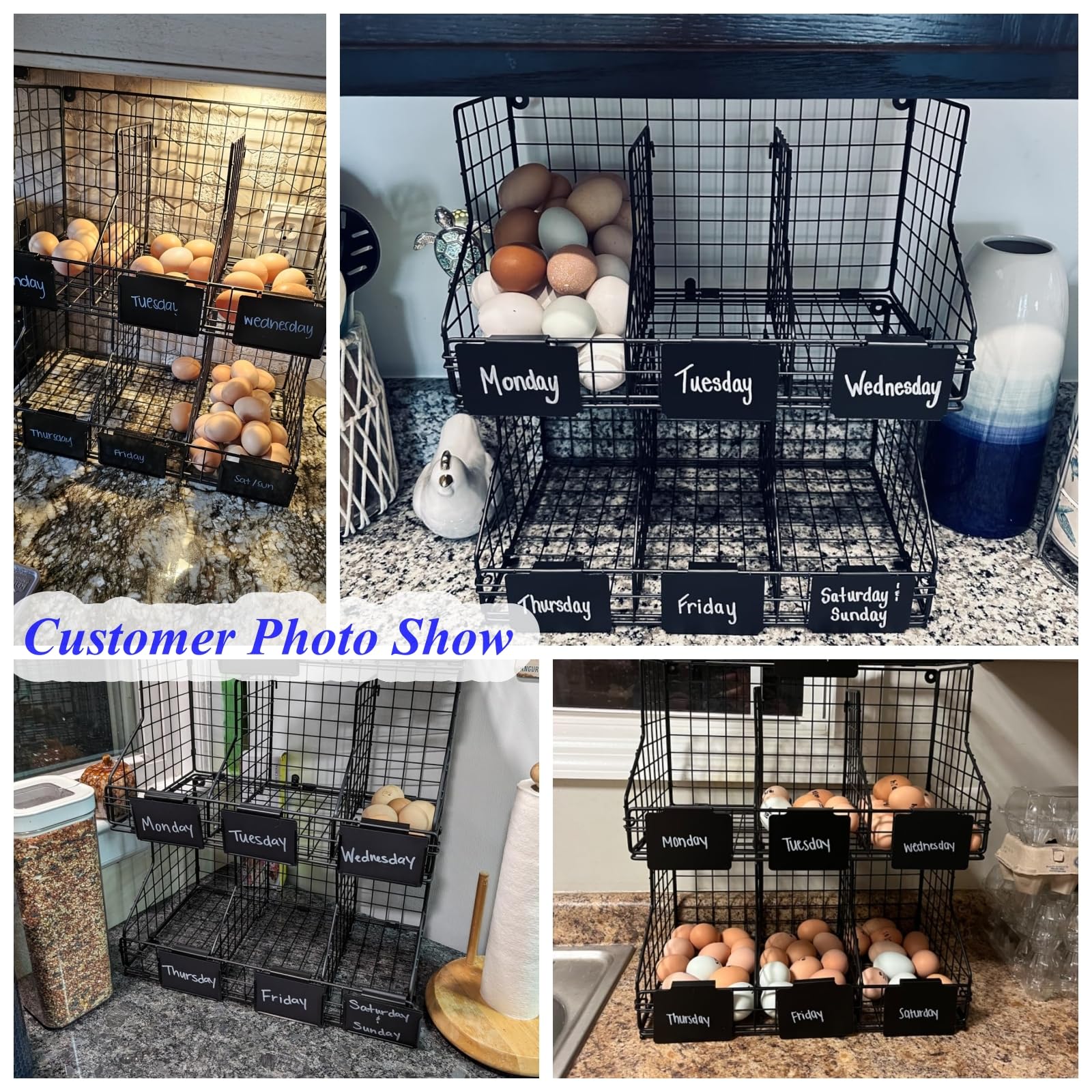 keomaisyto Fresh Egg Holder with 5 Dividers to Separate Eggs for a Week, 2 Tier Stackable Wire Baskets for Gathering Eggs, XXL Egg Rack for Countertop/Wall-Mounted, With DIY Labels (Patent Pending)