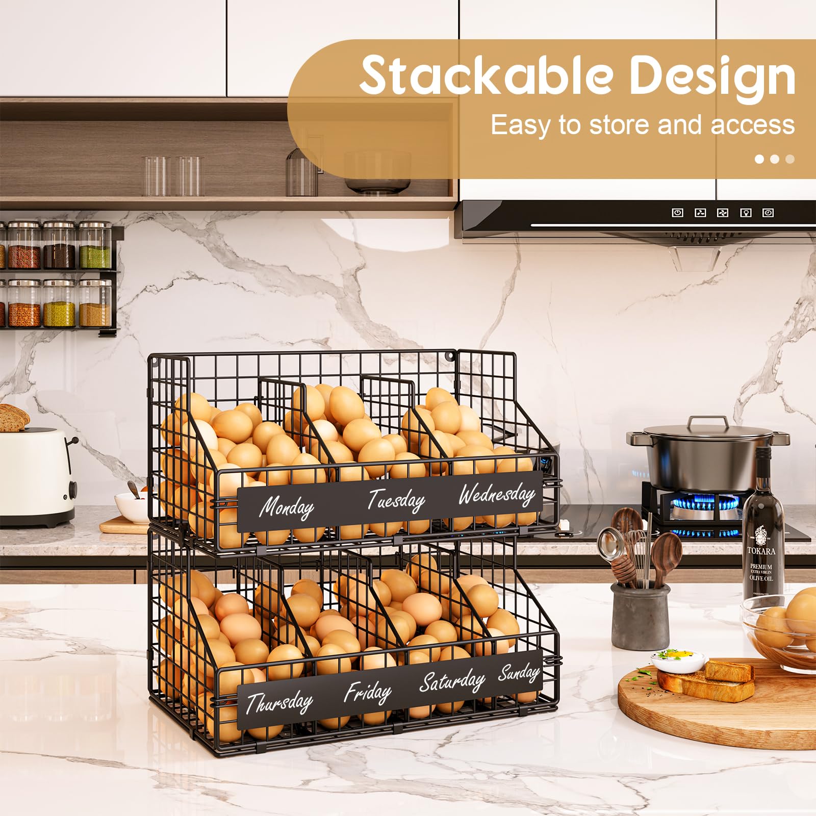 keomaisyto Fresh Egg Holder with 5 Dividers to Separate Eggs for a Week, 2 Tier Stackable Wire Baskets for Gathering Eggs, XXL Egg Rack for Countertop/Wall-Mounted, With DIY Labels (Patent Pending)