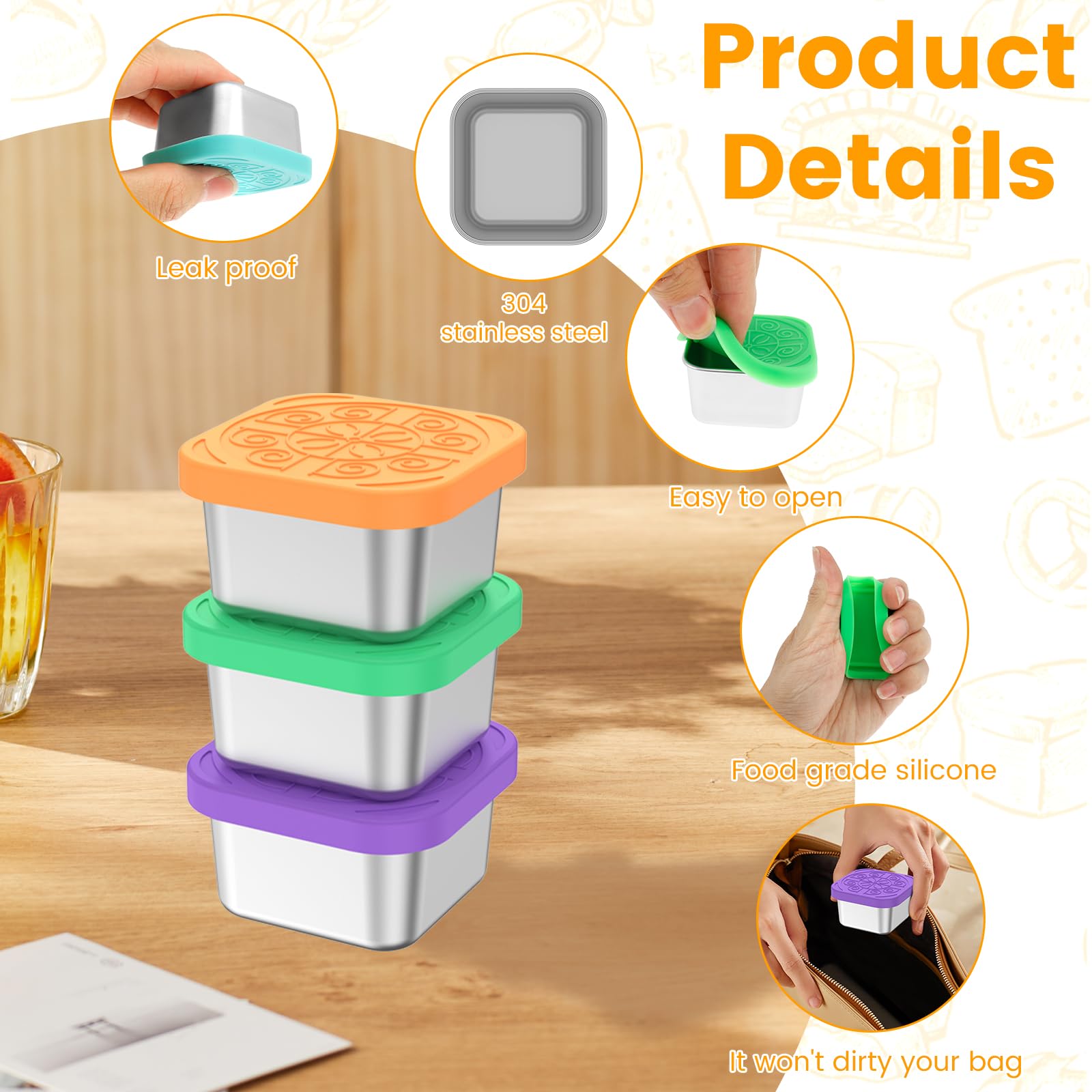 6 Pcs Stainless Steel Sauce Containers,2oz Metal Mini Snack Food Store Box Containers and Silicone Lids, Reusable Small Portable Boxes, Dishwasher Safe for Daycare School Office Travel, Leakproof