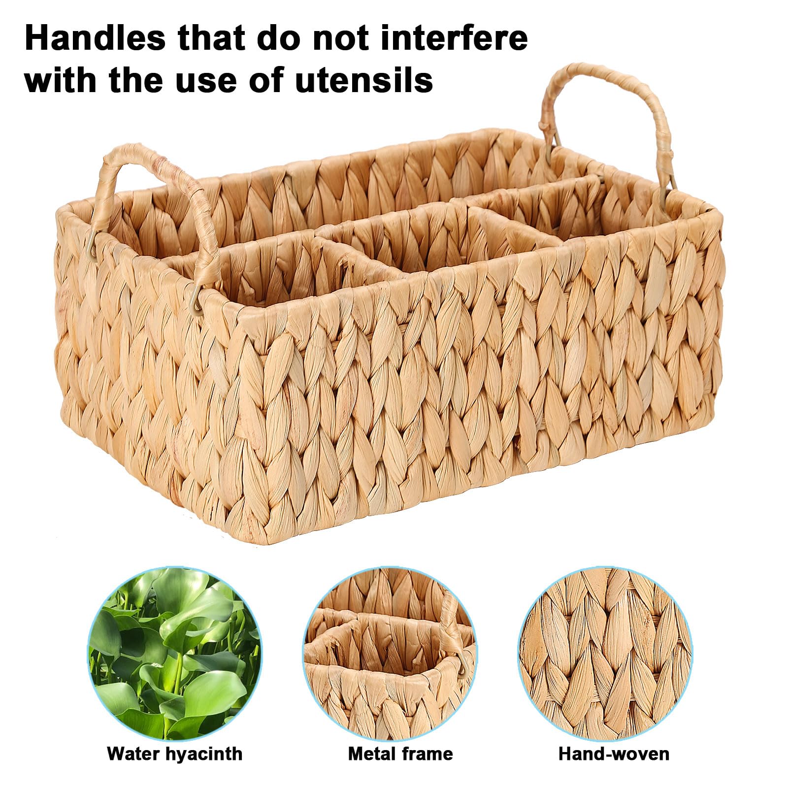 Niuirt Wicker Party Silverware Caddy, Water Hyacinth Plastic Cutlery Utensil Holder, Hand Woven with Handles, Kitchen Countertop and Picnic flatware Organizer (4 compartments)