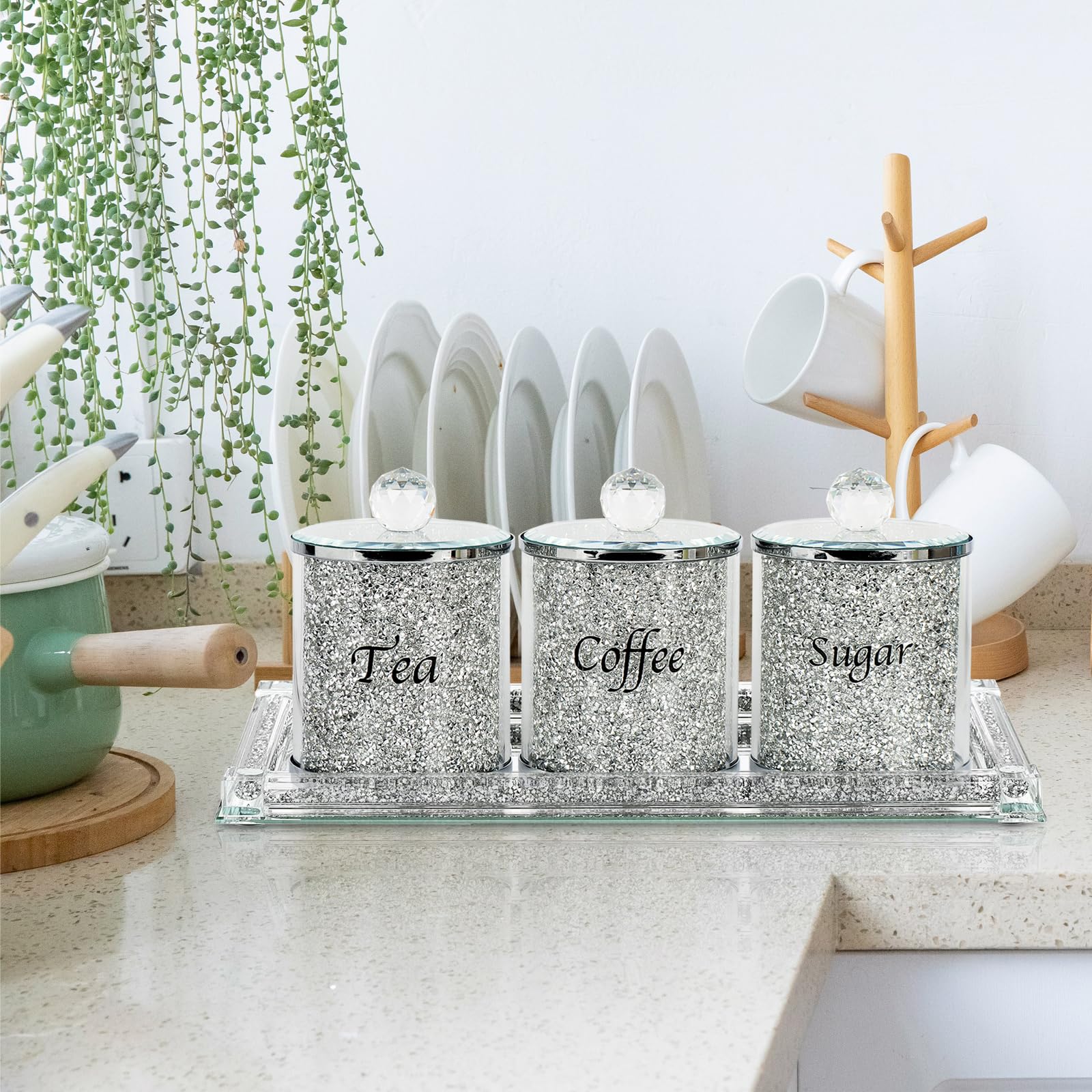 LYTDMSKY 4 Pcs Coffee Sugar Container Set, Tea Canister and Crushed Diamond Tray, Decorative Kitchen Canisters with Lid, Bling Glass Snacks Sugar Containers Kitchen Coffee Jar Storage Containers