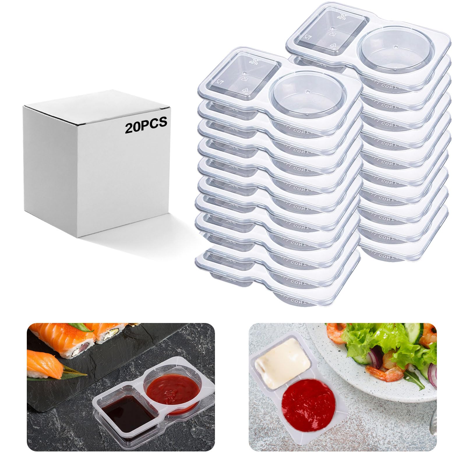 Obfuscate Condiment Container with Lids，Disposable Double Compartment Snack Container for Sauce, Sampling, Travel Snack 20PCS