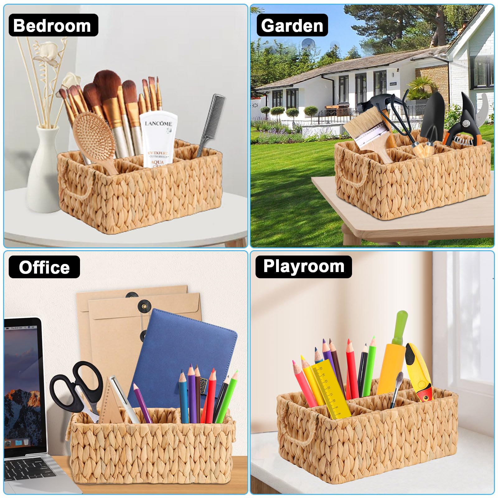 Niuirt Wicker Party Silverware Caddy, Water Hyacinth Plastic Cutlery Utensil Holder, Hand Woven with Handles, Kitchen Countertop and Picnic flatware Organizer (4 compartments)