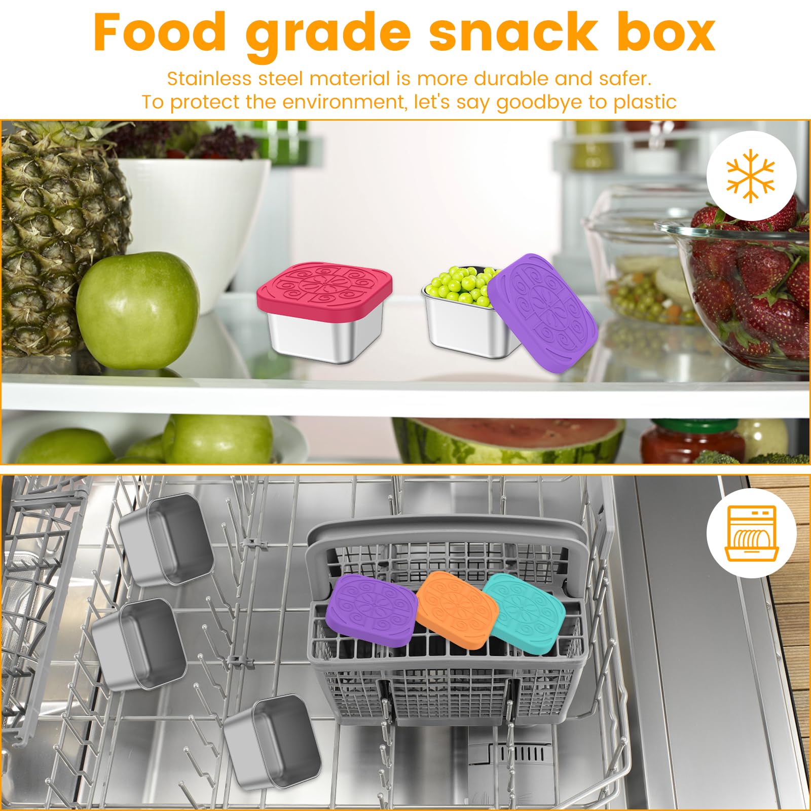 6 Pcs Stainless Steel Sauce Containers,2oz Metal Mini Snack Food Store Box Containers and Silicone Lids, Reusable Small Portable Boxes, Dishwasher Safe for Daycare School Office Travel, Leakproof