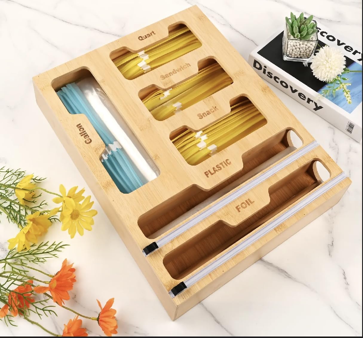 Generic Bag Storage Organizer for Kitchen Drawer, 6 in 1 Foil and Plastic Wrap Dispenser with Cutter, Bamboo Plastic Bag Food Baggie Organizer, brown, M-4hf01