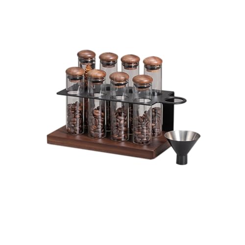 Suwyaner Single Dose Coffee Bean Storage Tubes, Coffee Bean Cellars 8 Pcs with Walnut Wood Display Stand with Stainless Funnel Coffee Bean Glass Vials with Lids (Black walnut)
