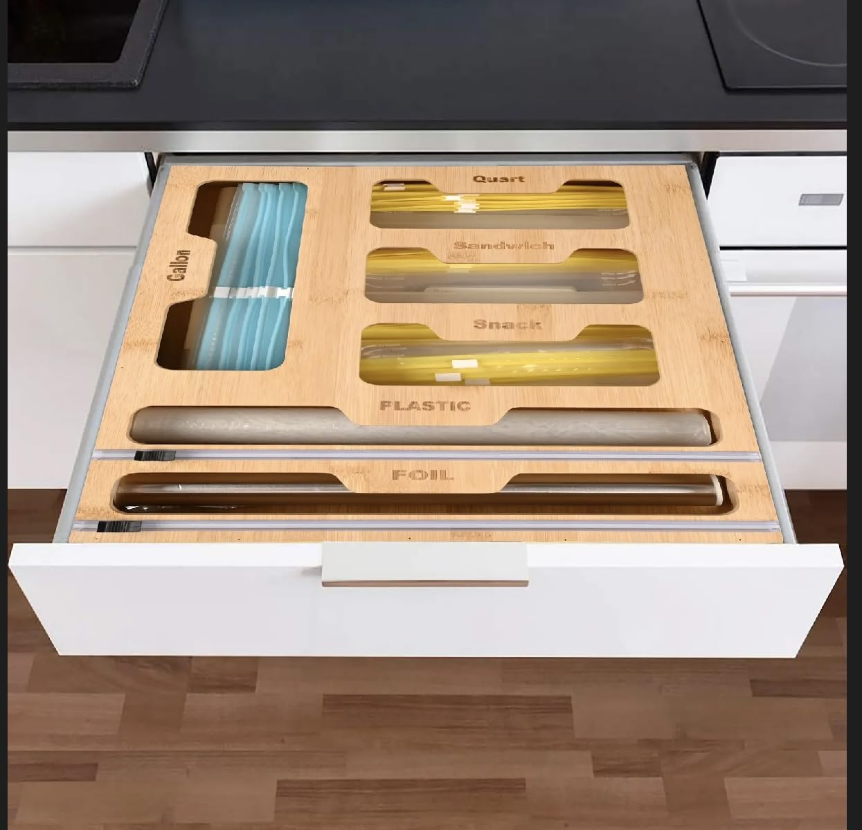 Generic Bag Storage Organizer for Kitchen Drawer, 6 in 1 Foil and Plastic Wrap Dispenser with Cutter, Bamboo Plastic Bag Food Baggie Organizer, brown, M-4hf01