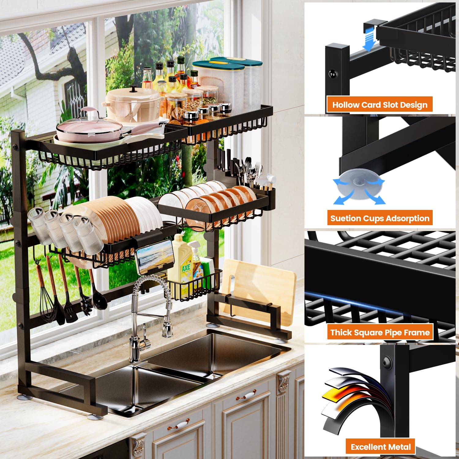 ilvvan Over The Sink Dish Drying Rack 27-36L x 12W x 32.5-37H (inches) (Expandable Height and Length) Snap-On Design 2 Tier Large Dish Rack