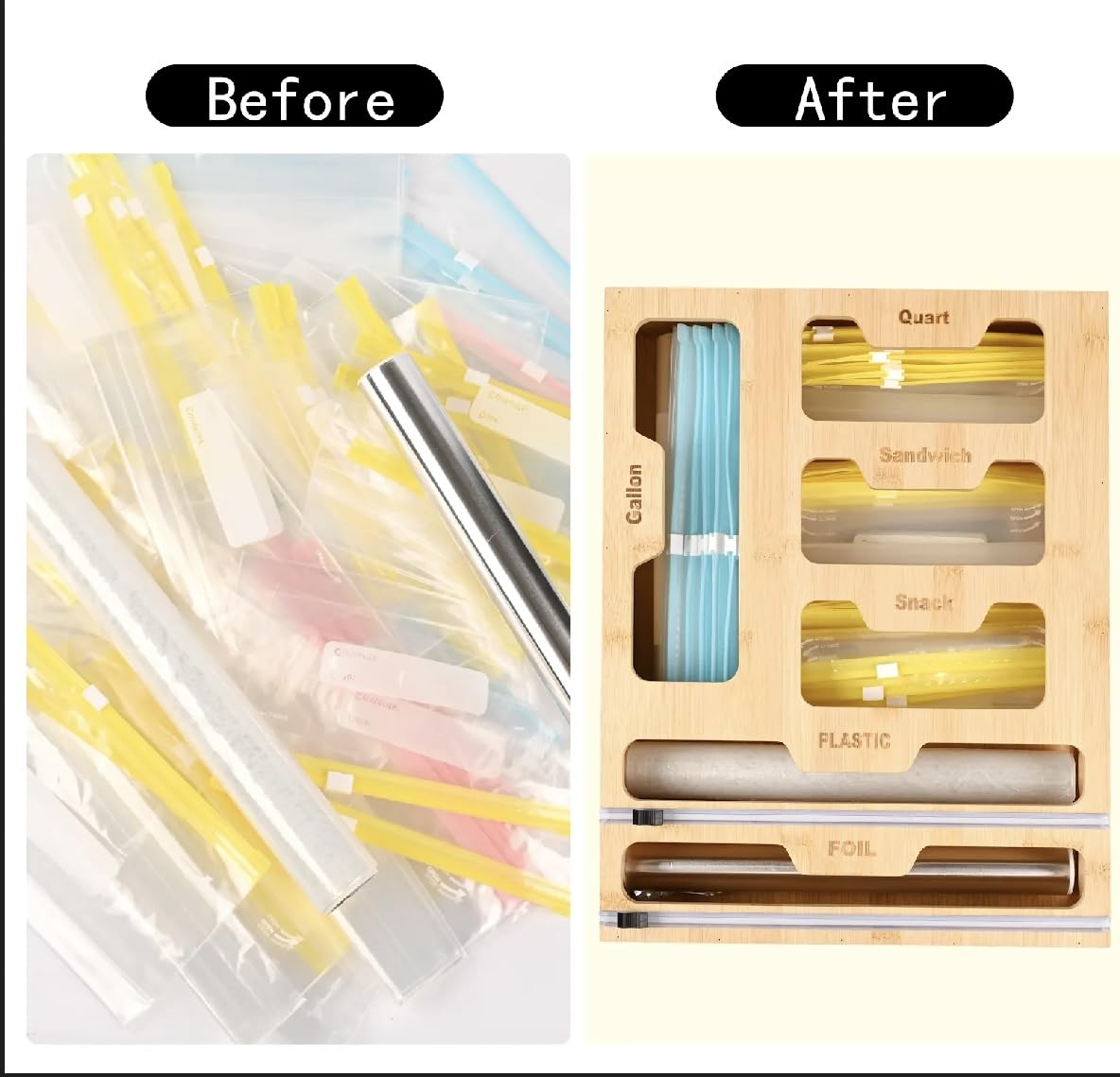 Generic Bag Storage Organizer for Kitchen Drawer, 6 in 1 Foil and Plastic Wrap Dispenser with Cutter, Bamboo Plastic Bag Food Baggie Organizer, brown, M-4hf01