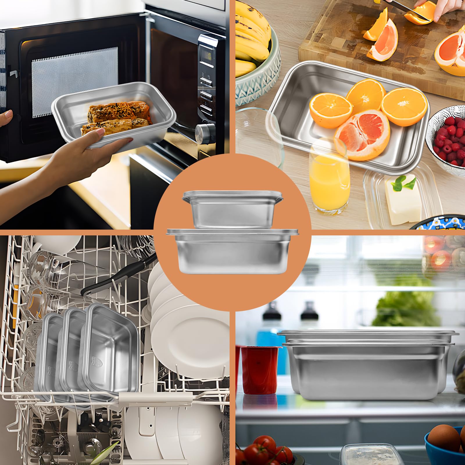 SCHBIT 2pcs Stainless Steel Food Containers 304 Stainless Steel Fruit Food Storage Box Metal Storage Container Set Stainless Steel Baking Pan for Oven Dishwsher Freezer,Safe Stackable 1000/2600ml