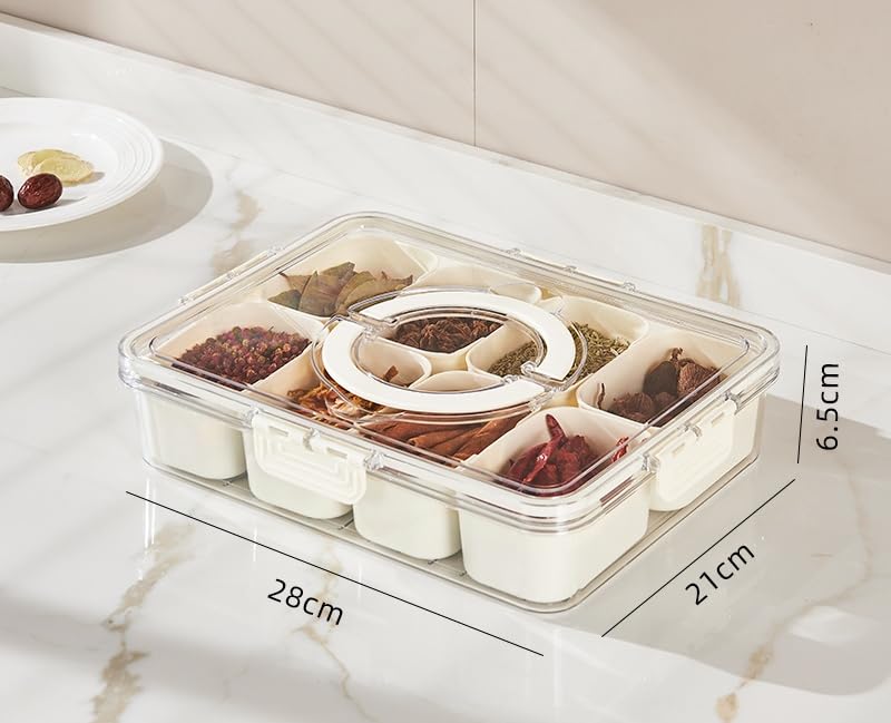 Travel Snack Box, Divided Serving Tray with Lid and Handle, Snackle Box Container, Multi-purpose Food Organizer and Storage Container for Charcuterie Veggie Fruit
