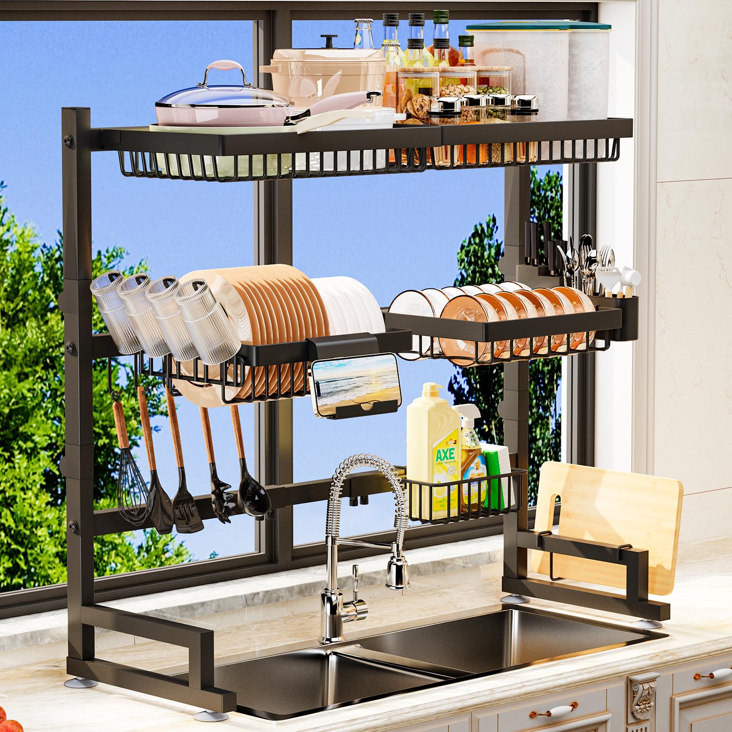 ilvvan Over The Sink Dish Drying Rack 27-36L x 12W x 32.5-37H (inches) (Expandable Height and Length) Snap-On Design 2 Tier Large Dish Rack