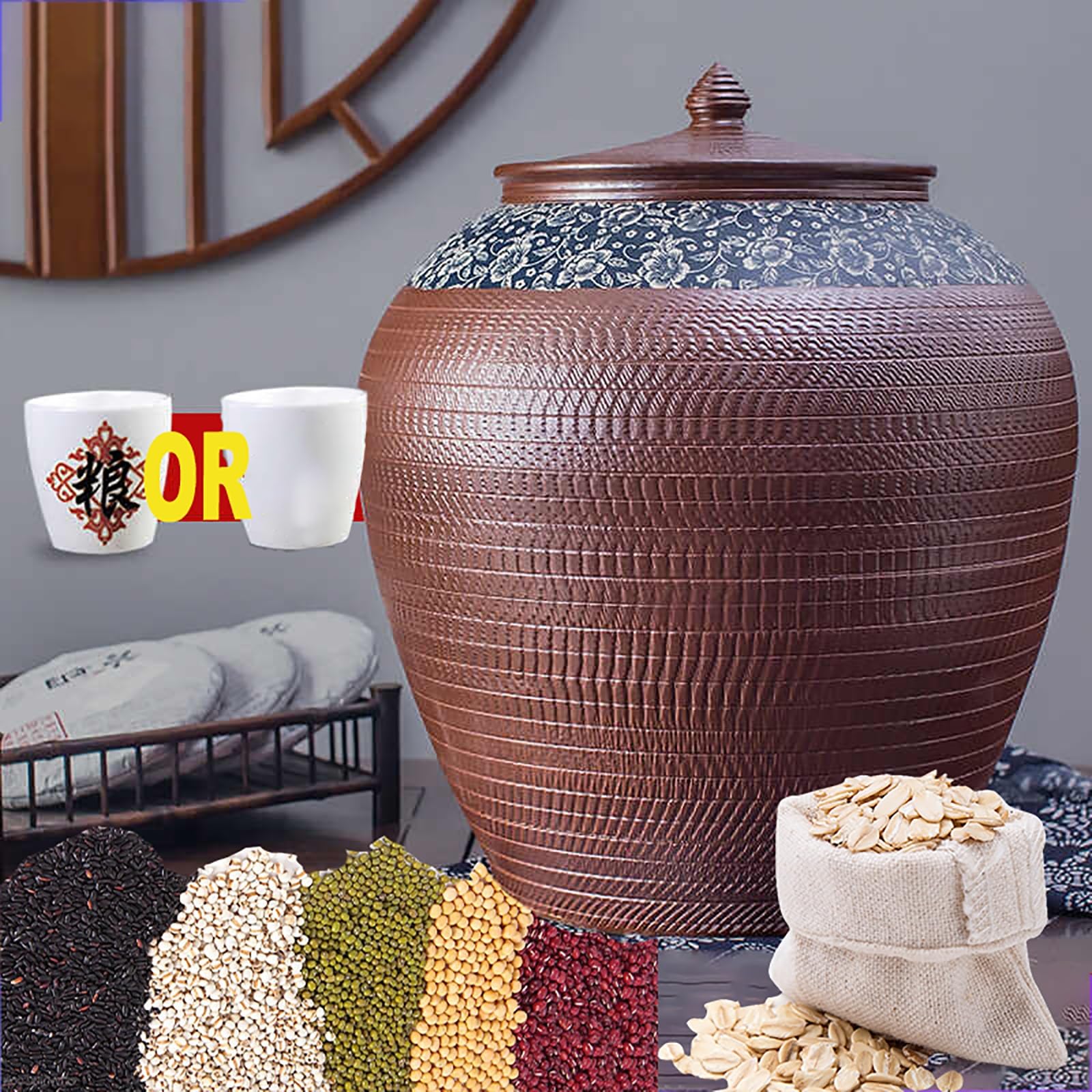 Home Rice Storage Box - Classic Food Storage Porcelain Bottle, Kitchen Sealed Jar With Lid Grain Dispenser(10/25 / 50KG), Ceramic Food Storage Jar Beans Corns Wheat Oatmeal Grain Storage Bin(A,Capac