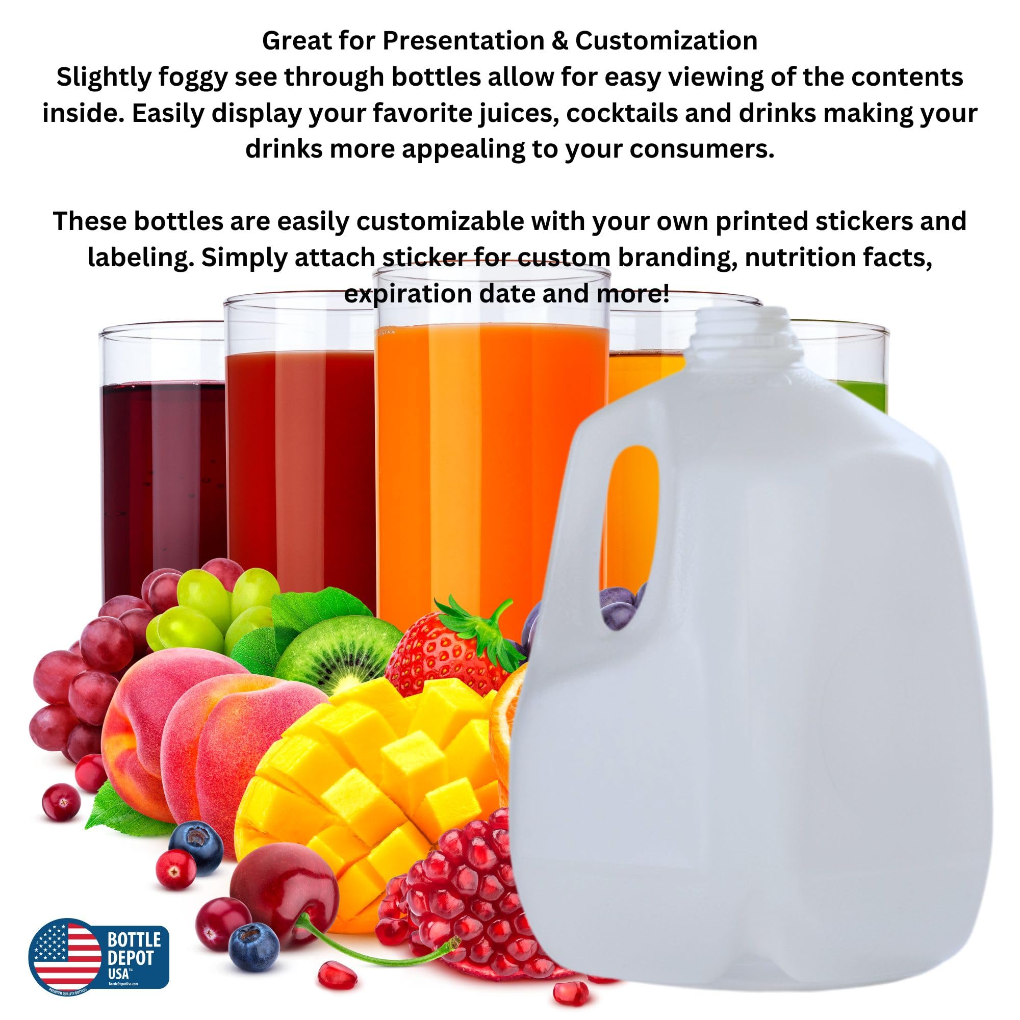 (4 PACK) 128 Oz Empty Plastic Gallon Juice Bottles with Tamper Evident WHITE Caps - Smoothie Bottles - Ideal for Juices, Milk, Smoothies, Picnic's and Even Meal Prep - Made in USA