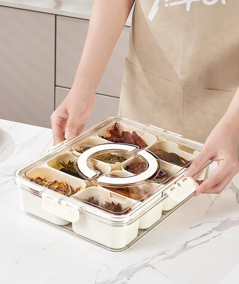 Travel Snack Box, Divided Serving Tray with Lid and Handle, Snackle Box Container, Multi-purpose Food Organizer and Storage Container for Charcuterie Veggie Fruit