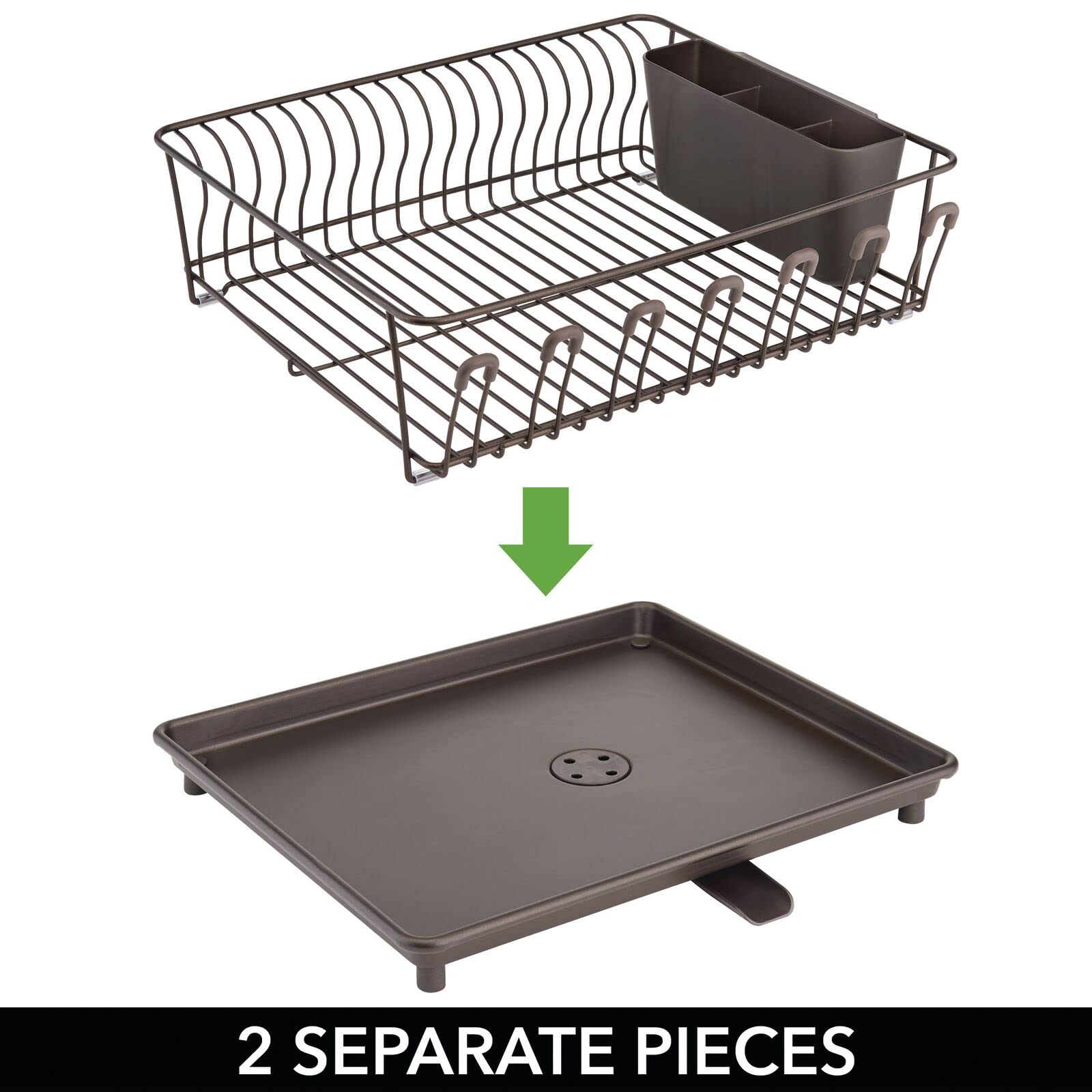 mDesign Alloy Steel Sink Dish Drying Rack Holder with Plastic Swivel Spout Drainboard Tray - Dish Rack/Dish Drainer Storage Organizer for Kitchen Counter - Concerto Collection, Bronze