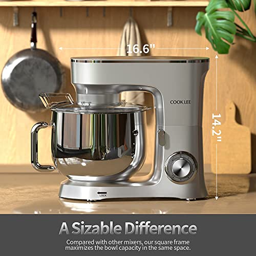 COOKLEE Stand Mixer, 9.5 Qt. 660W 10-Speed Electric Kitchen Mixer with Dishwasher-Safe Dough Hooks, Flat Beaters, Wire Whip & Pouring Shield Attachments for Most Home Cooks, SM-1551, Silver