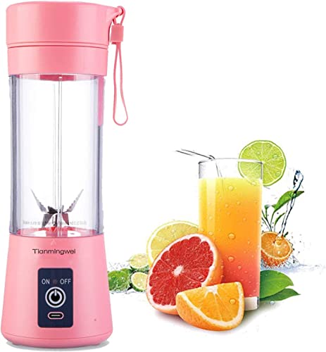 Tianmingwei Portable Blender USB Personal Juicer Cup 6 Blades Rechargeable Fruit Mixing Machine For Baby Travel 380ml[New Version] (Pink)