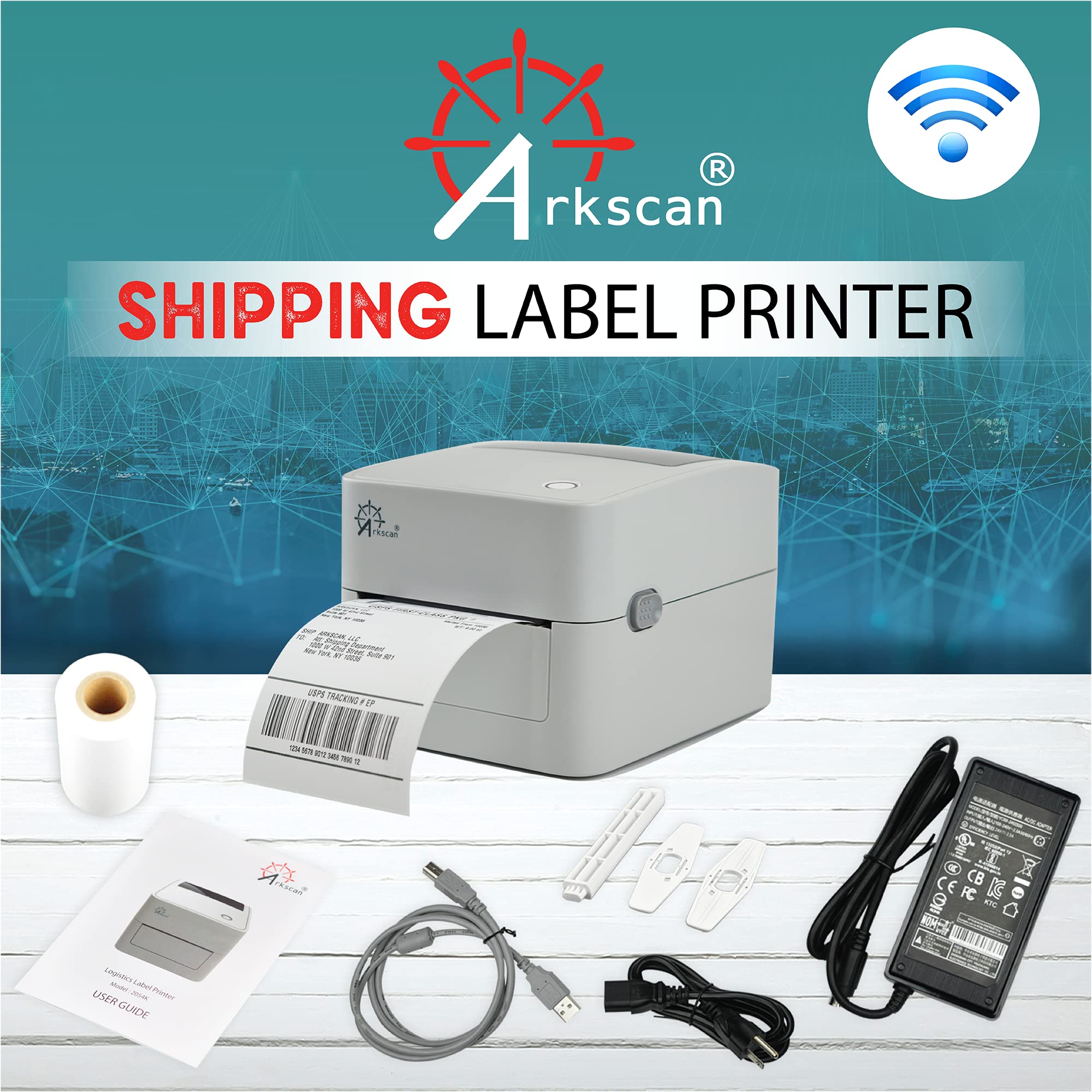 Arkscan 2054K-WF Wireless Shipping Label Printer for Windows Mac Chromebook Android for WiFi & USB, Support Amazon Ebay Paypal Shopify Shipstation UPS USPS FedEx Roll & Fanfold Direct Thermal Label