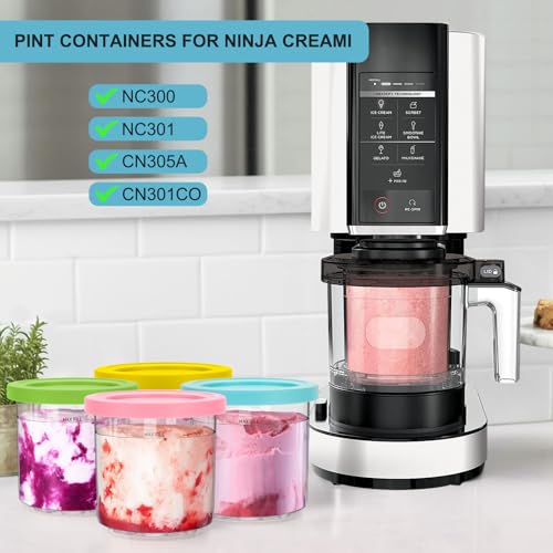 Aelfon Ice Cream Containers for Ninja Creami Pints and Lids 16oz Pint Containers 4Pack Extra Replacement Pints for Ninja Creami NC301, NC300, CN301CO, CN305A Ice Cream Maker(Yellow, Green, Pink, Blue)