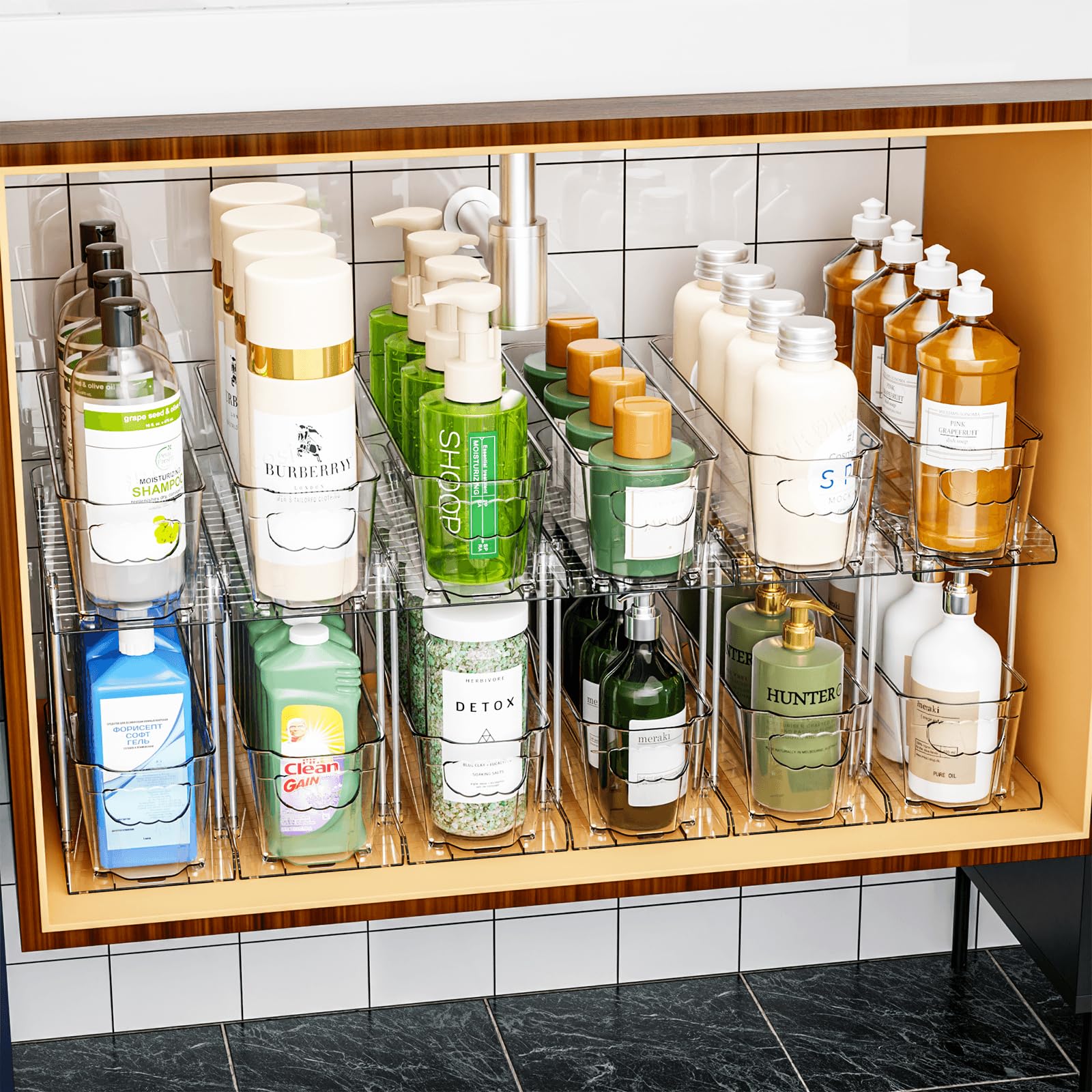 14.8" Deep 2 Tier Bathroom Storage Organizer, 4 Pack Clear Under Sink Organizers Vanity Countertop Storage Container, Medicine Cabinet Drawers Bins, Pull-Out Organization with Track for Pantry,Kitchen