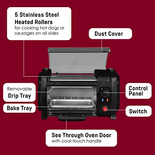 Elite Gourmet Elite Cuisine EHD-051B# Hot Dog Toaster Oven, 30-Min Timer, Stainless Steel Heat Rollers Bake & Crumb Tray, World Series Baseball, 4 Bun Capacity, Black