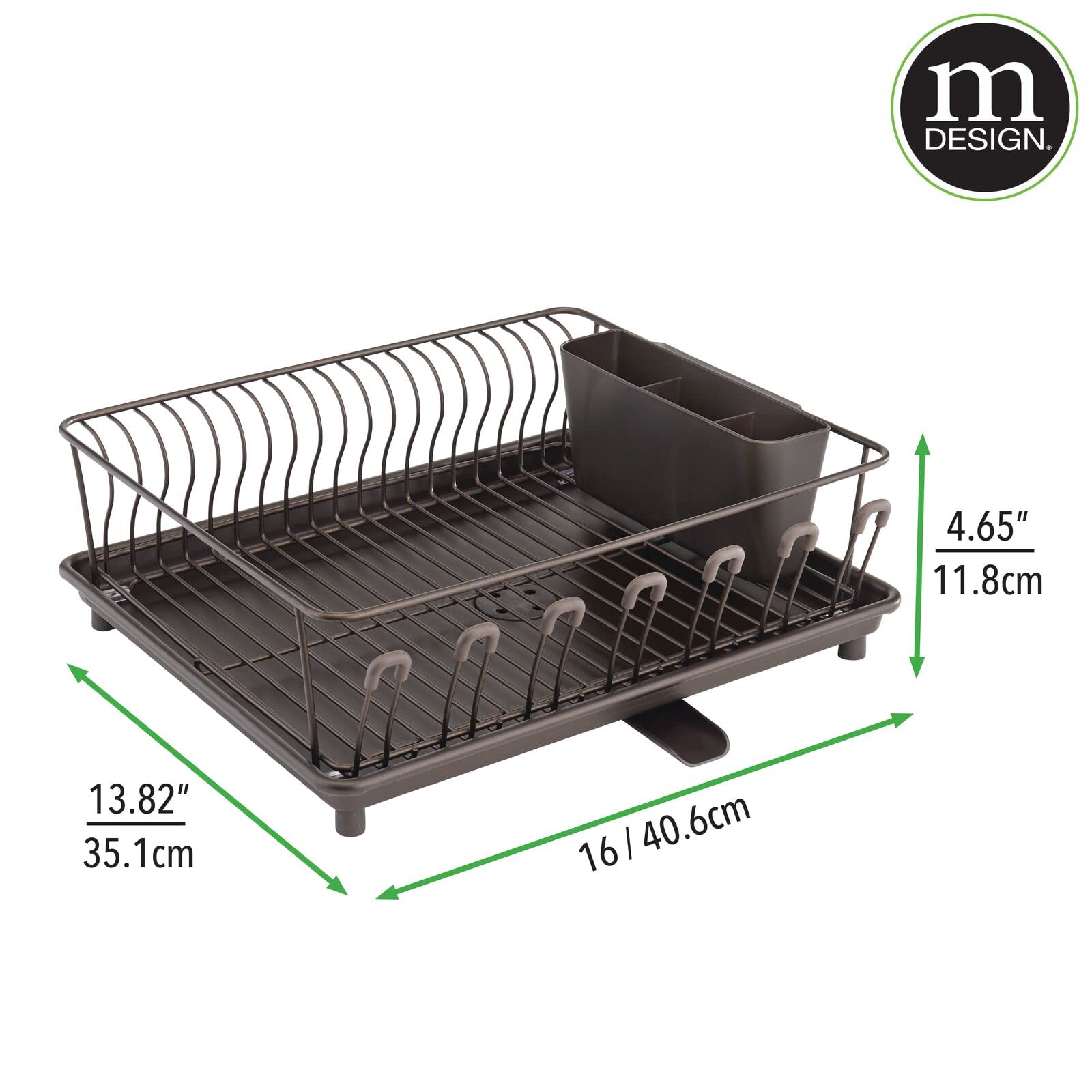 mDesign Alloy Steel Sink Dish Drying Rack Holder with Plastic Swivel Spout Drainboard Tray - Dish Rack/Dish Drainer Storage Organizer for Kitchen Counter - Concerto Collection, Bronze