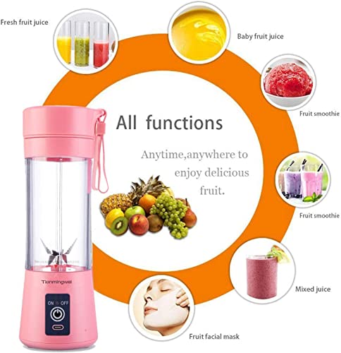 Tianmingwei Portable Blender USB Personal Juicer Cup 6 Blades Rechargeable Fruit Mixing Machine For Baby Travel 380ml[New Version] (Pink)