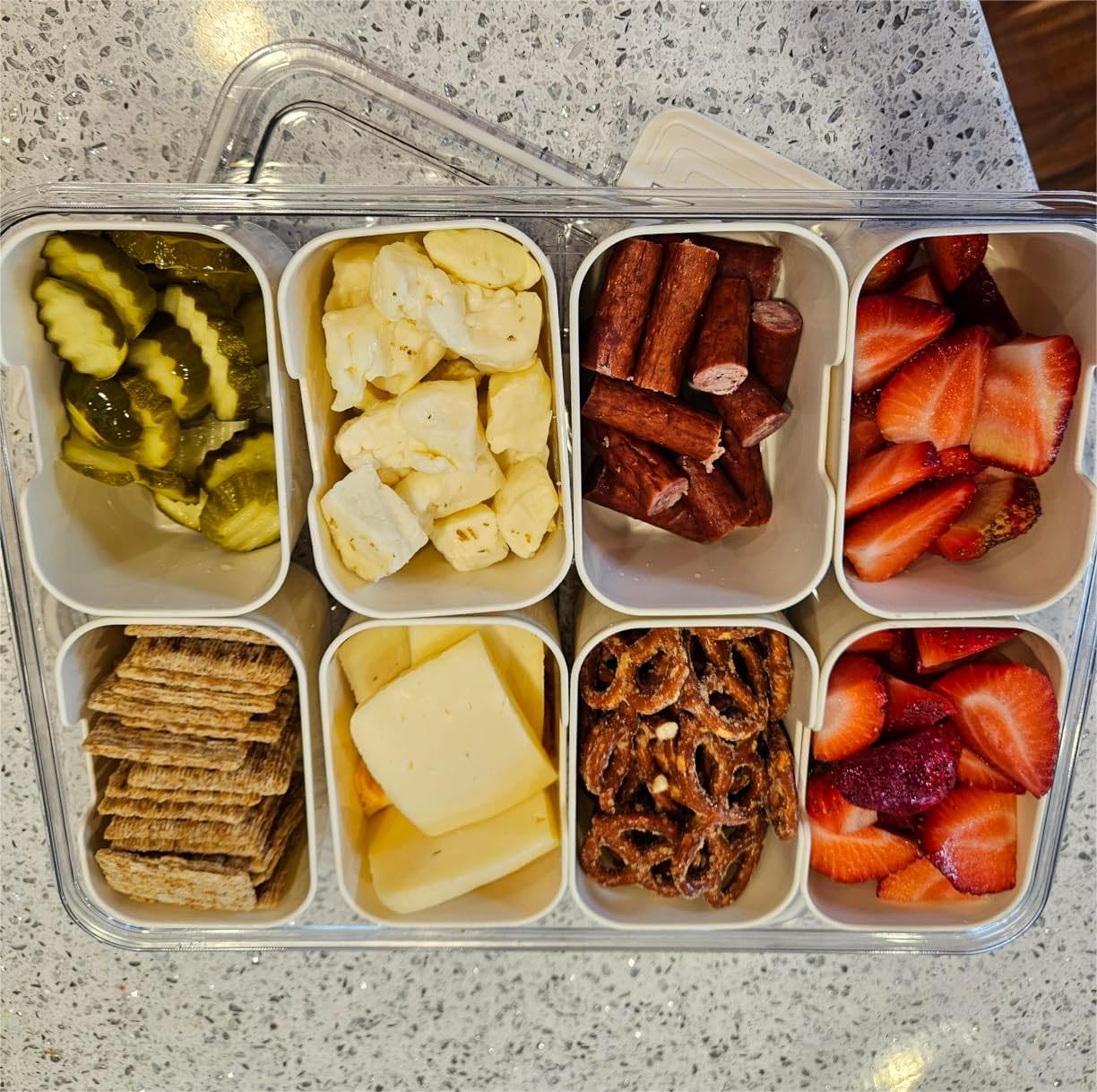 Travel Snack Box, Divided Serving Tray with Lid and Handle, Snackle Box Container, Multi-purpose Food Organizer and Storage Container for Charcuterie Veggie Fruit