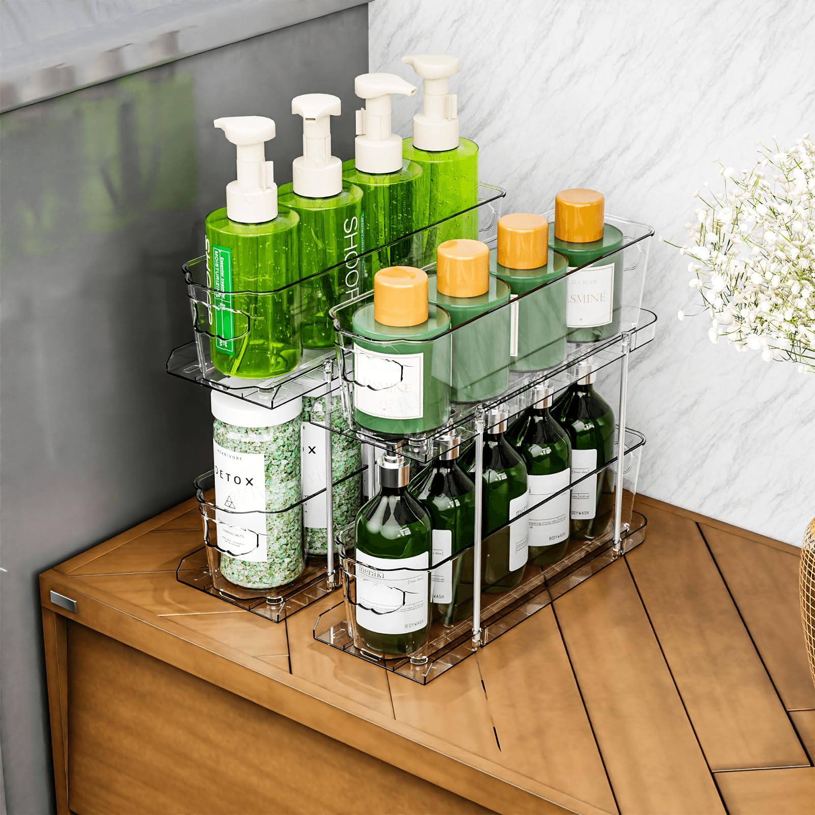 14.8" Deep 2 Tier Bathroom Storage Organizer, 4 Pack Clear Under Sink Organizers Vanity Countertop Storage Container, Medicine Cabinet Drawers Bins, Pull-Out Organization with Track for Pantry,Kitchen