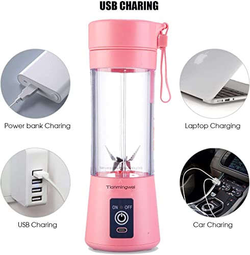 Tianmingwei Portable Blender USB Personal Juicer Cup 6 Blades Rechargeable Fruit Mixing Machine For Baby Travel 380ml[New Version] (Pink)