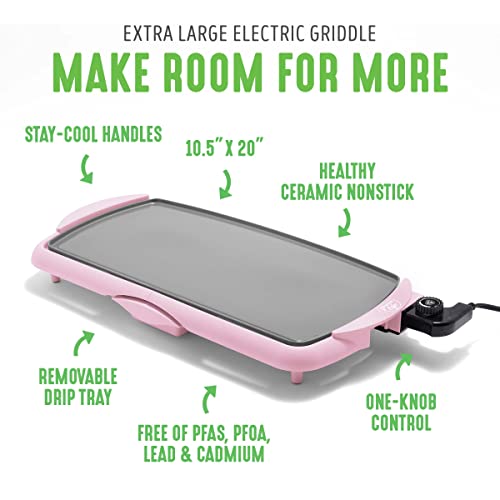 GreenLife Healthy Ceramic Nonstick, Extra Large 20" Electric Griddle for Pancakes Eggs Burgers and More, Stay Cool Handles, Removable Drip Tray, Adjustable Temperature Control, PFAS-Free, Soft Pink
